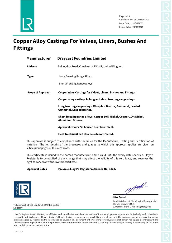 Lloyds Register Foundry Approval - Draycast Foundries Limited