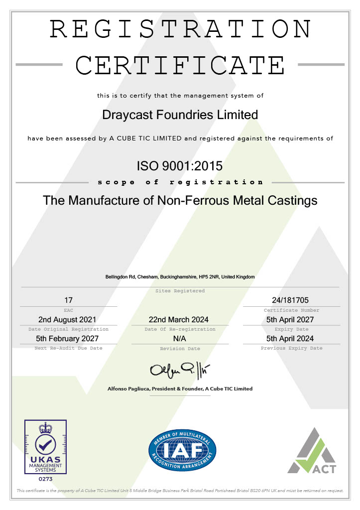 ISO 9001:2015 Certification - Draycast Foundries Limited